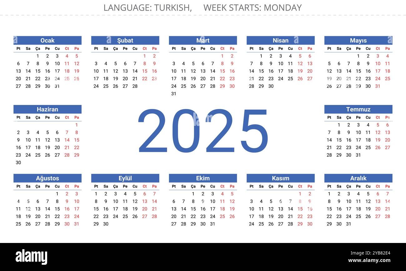 2025 year turkish calendar - takvim. Editable vector illustration for ...
