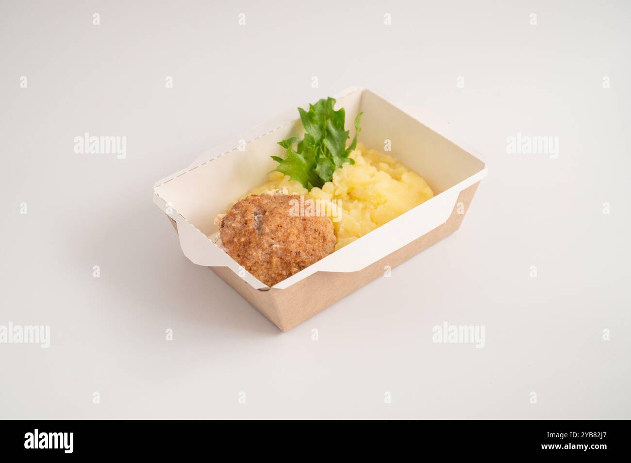 Takeout meals served in biodegradable containers, mashed potatoes with ...