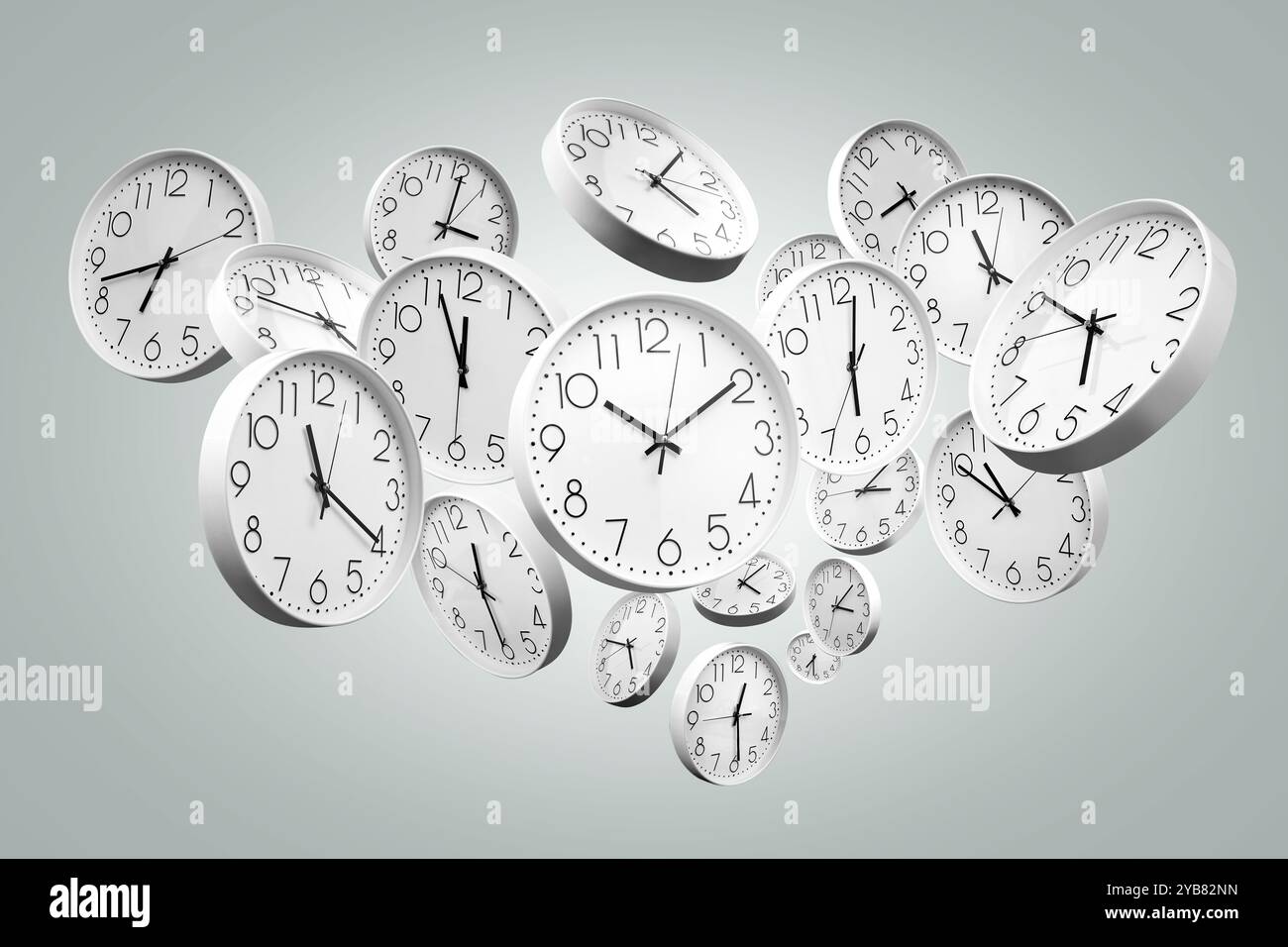 Time Concept with Multiple Floating Clocks Stock Photo - Alamy