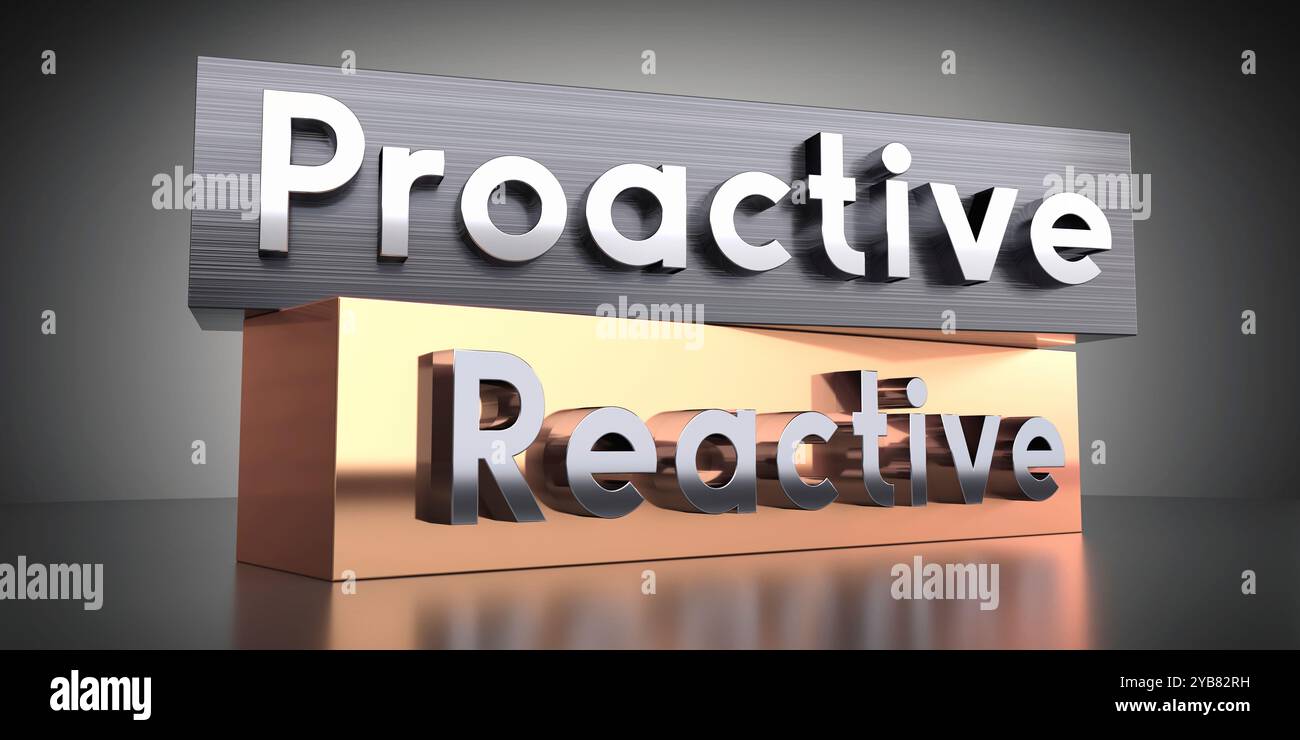 Proactive, reactive - words on metal blocks - 3D illustration Stock Photo - Alamy