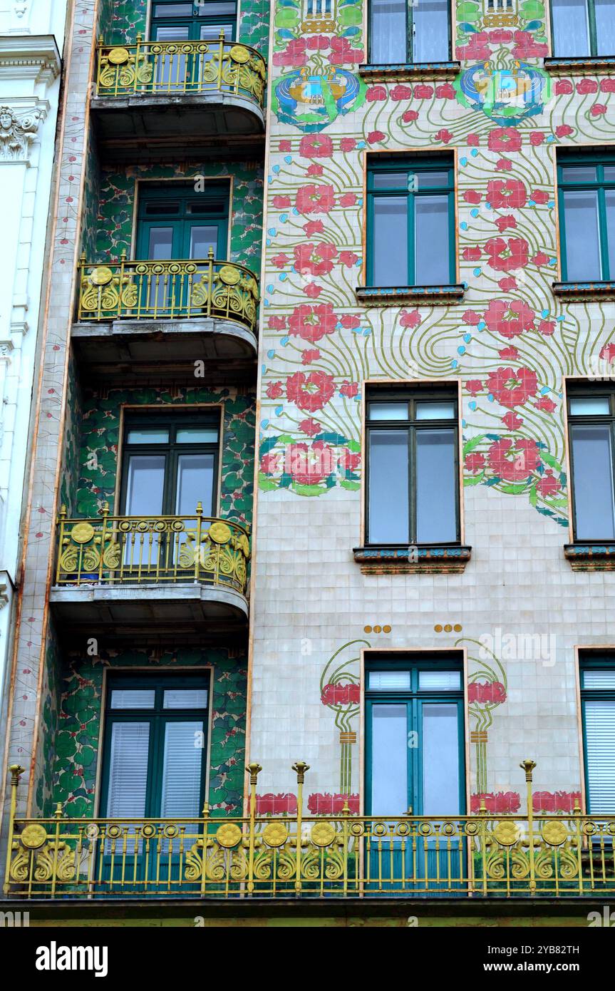 The colourful facade and ornate balconies of Vienna's Majolica House ...
