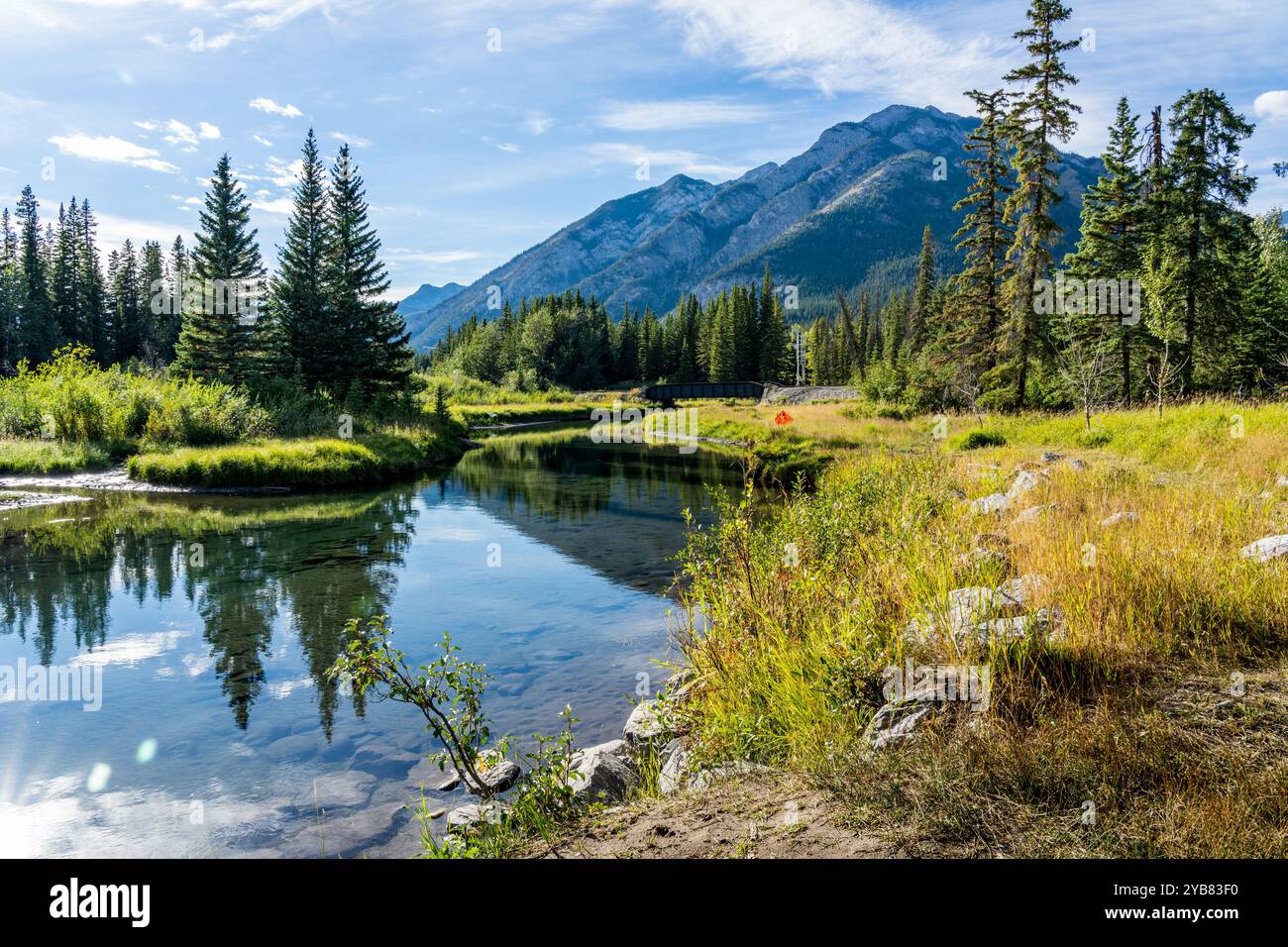 Bow River Trail in summer time. Mount Norquay in the background ...