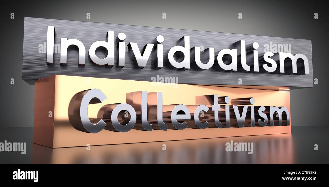 Individualism, collectivism - words on metal blocks - 3D illustration ...
