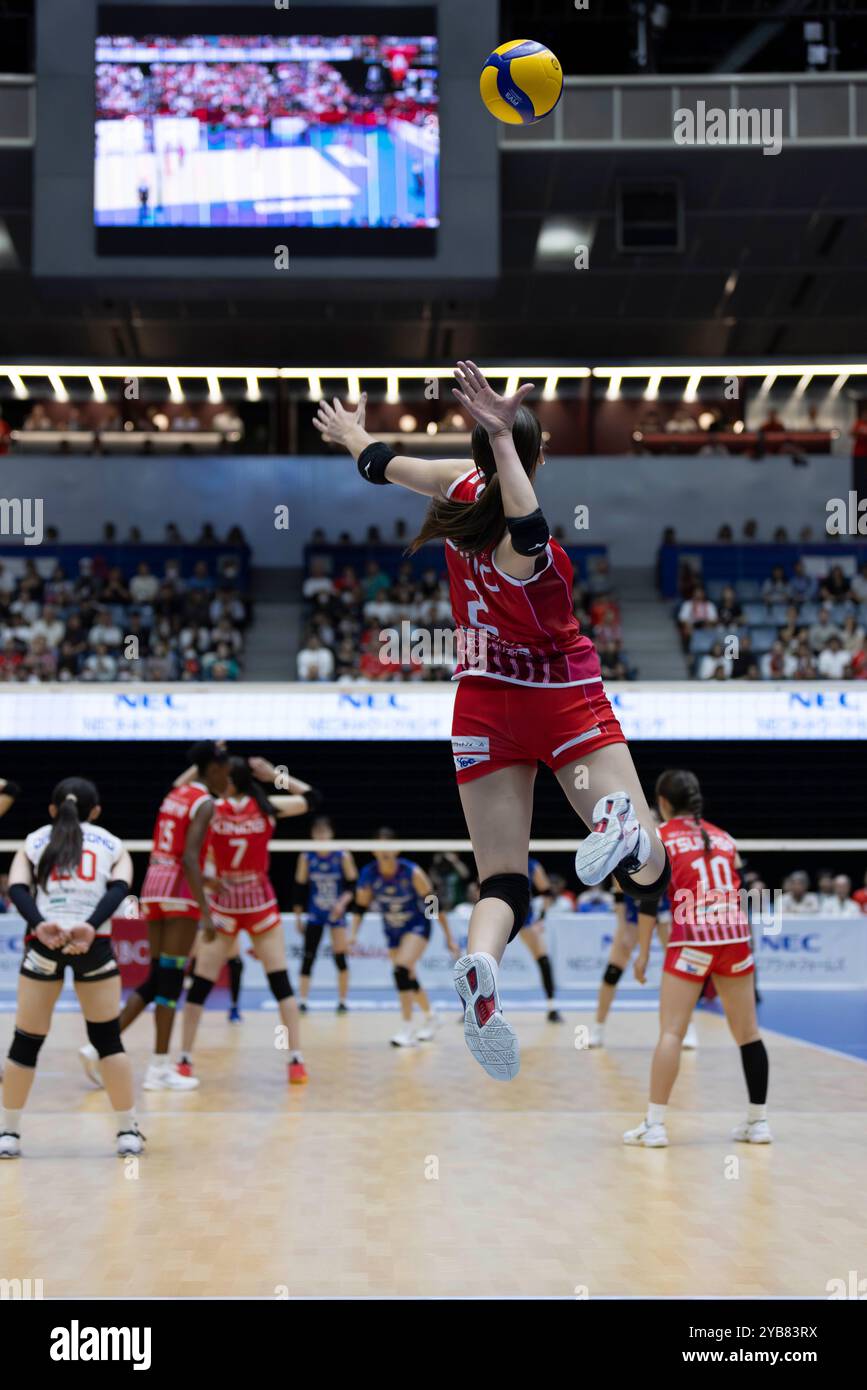 NEC Red Rockets Kawasaki player Yoshino Sato (2 OH) serves the ball during the opening match of ...