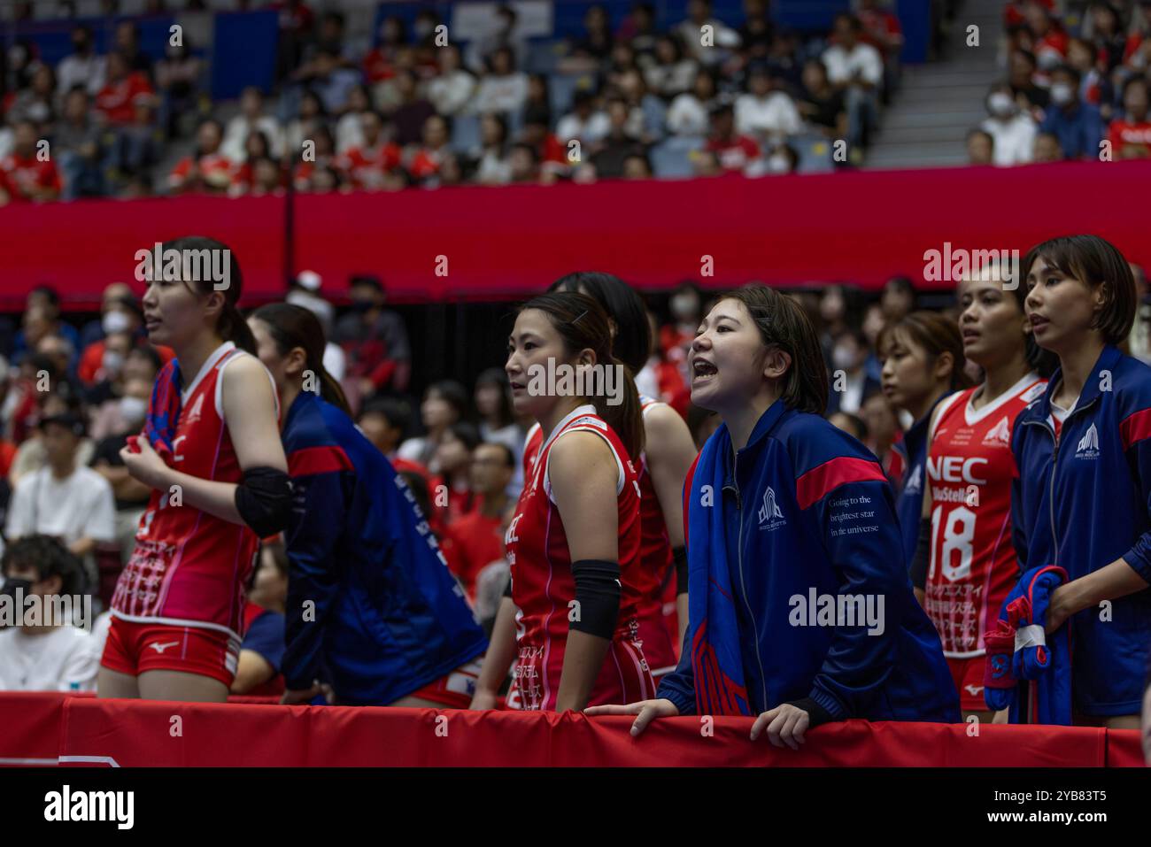 NEC Red Rockets Kawasaki players cheer on their teammates during the ...