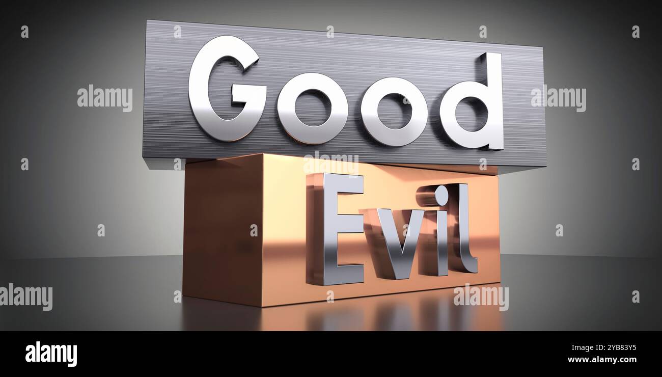 Good, evil - words on metal blocks - 3D illustration Stock Photo - Alamy