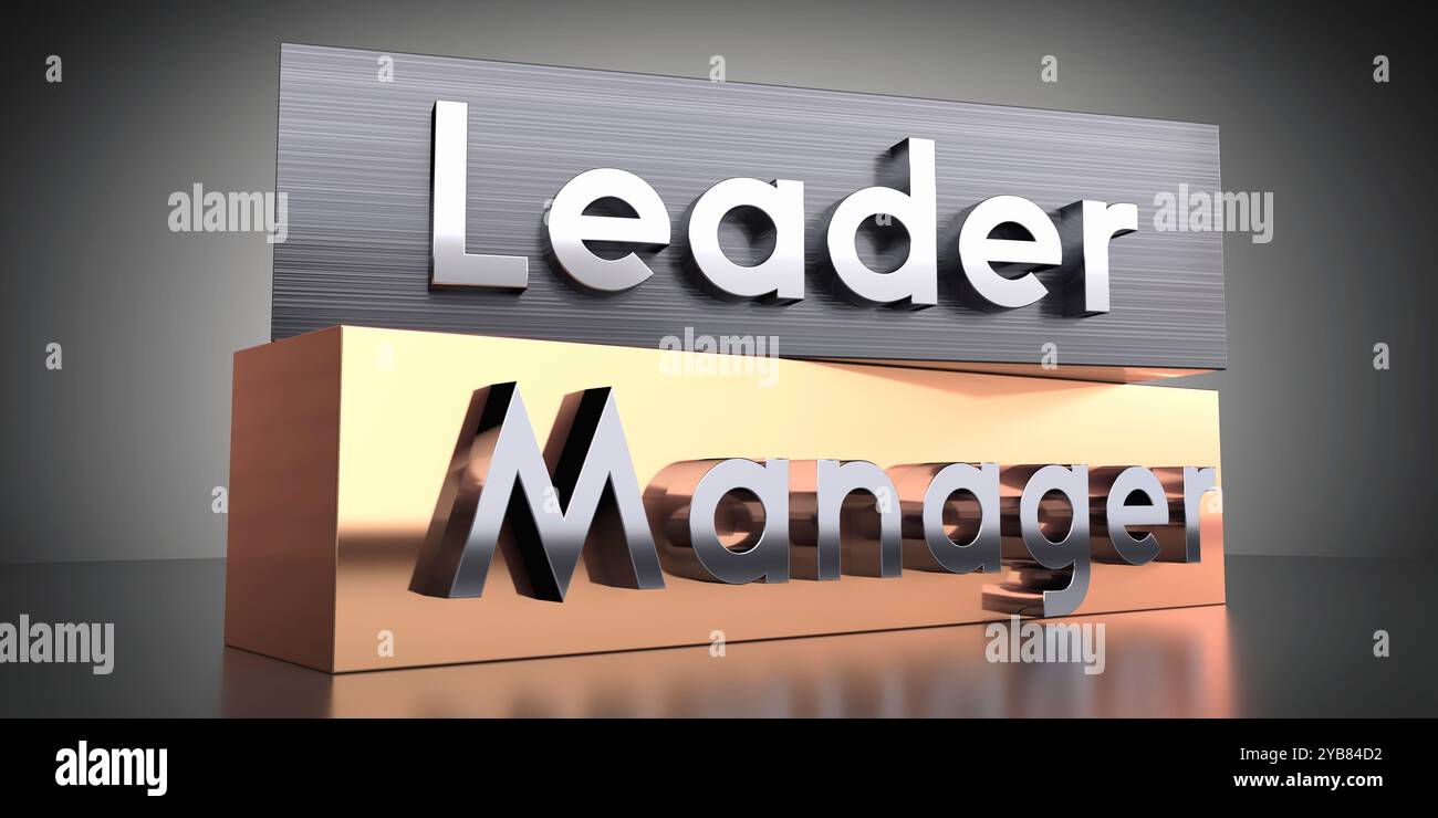 Leader, manager - words on metal blocks - 3D illustration Stock Photo ...