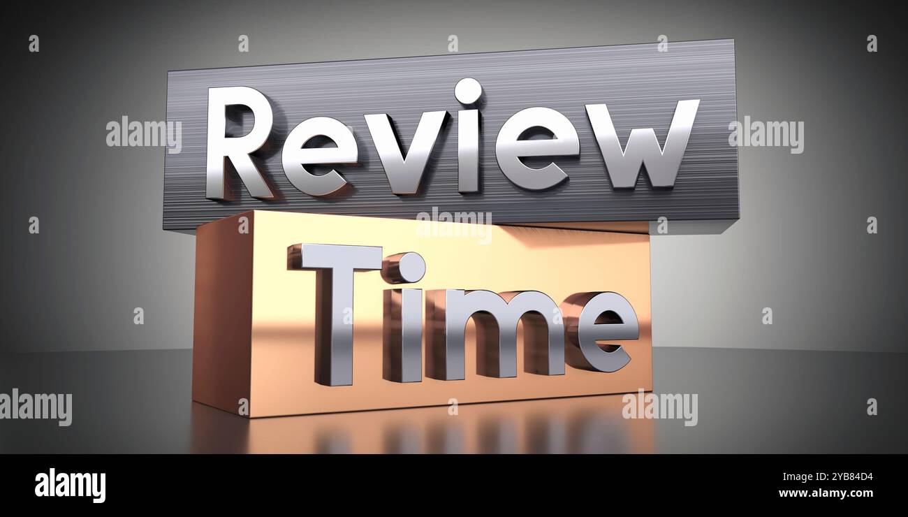 Review, time - words on metal blocks - 3D illustration Stock Photo - Alamy