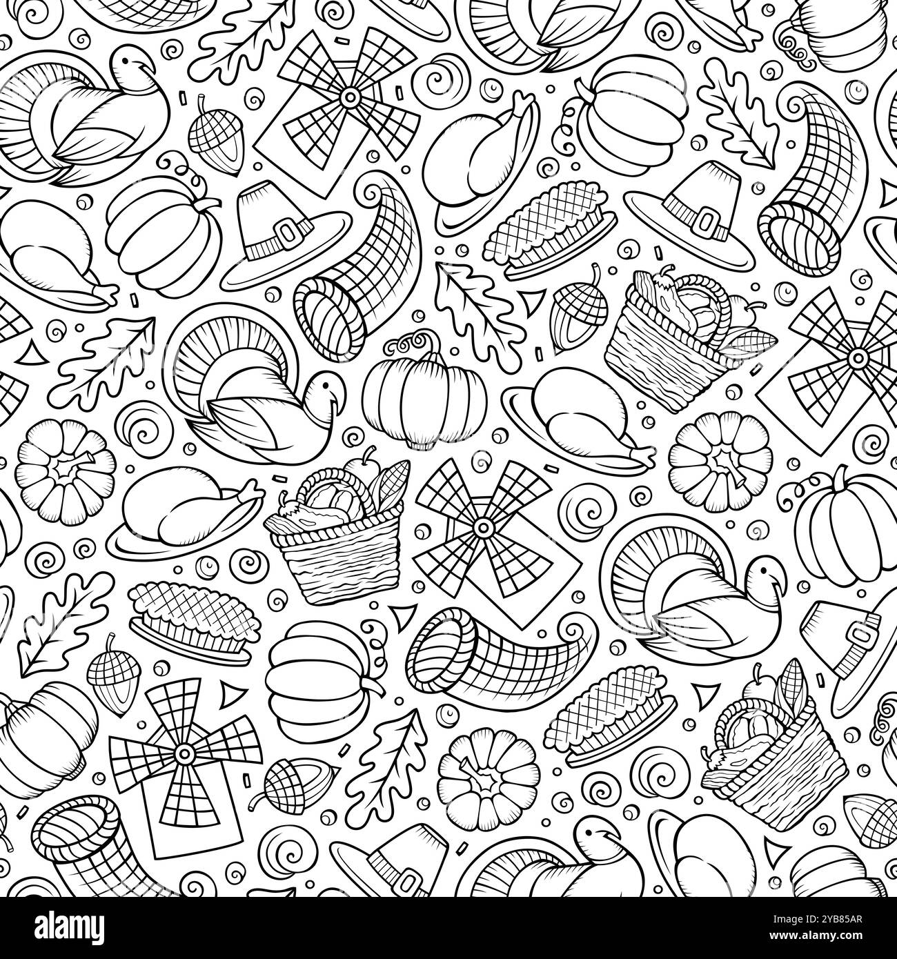 Cartoon cute hand drawn Thanksgiving seamless pattern. Line art background. Endless funny vector ...