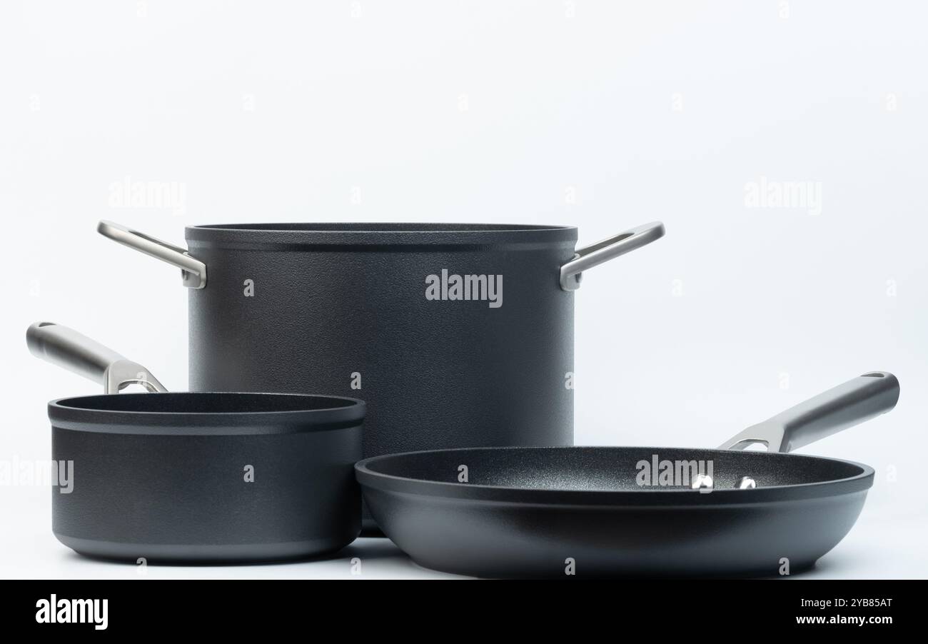 Set of cooking pans different size isolated on white studio background ...