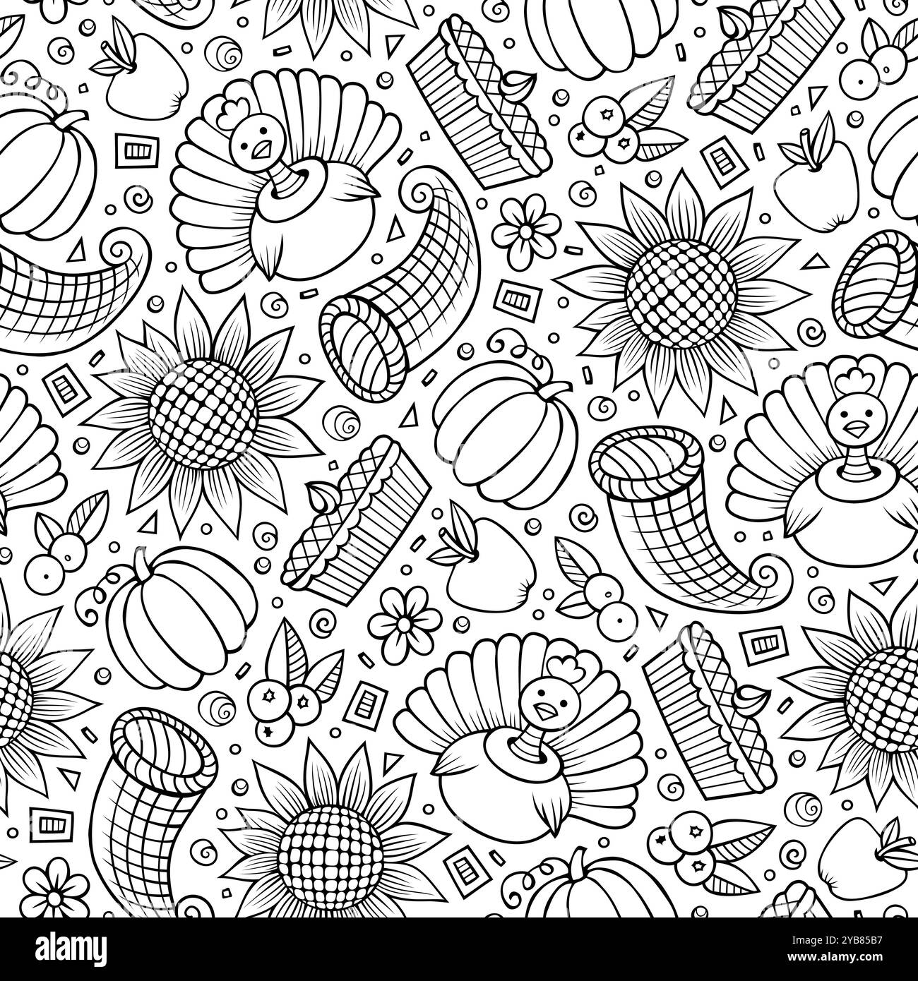 Cartoon cute hand drawn Thanksgiving seamless pattern. Line art ...