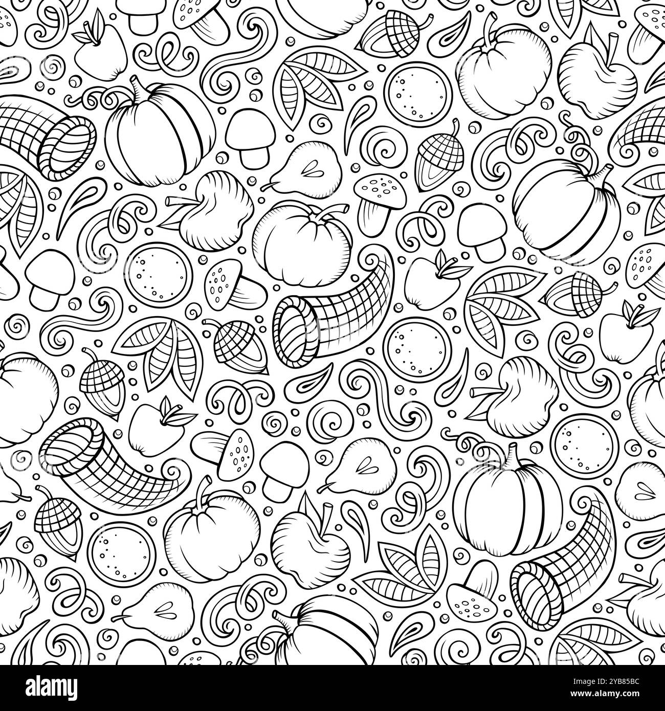 Cartoon cute hand drawn Thanksgiving seamless pattern. Line art background. Endless funny vector ...