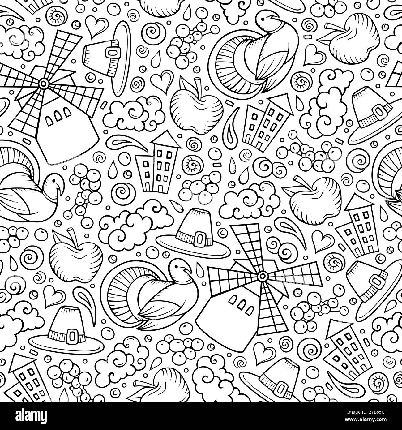 Cartoon cute hand drawn Thanksgiving seamless pattern. Line art ...