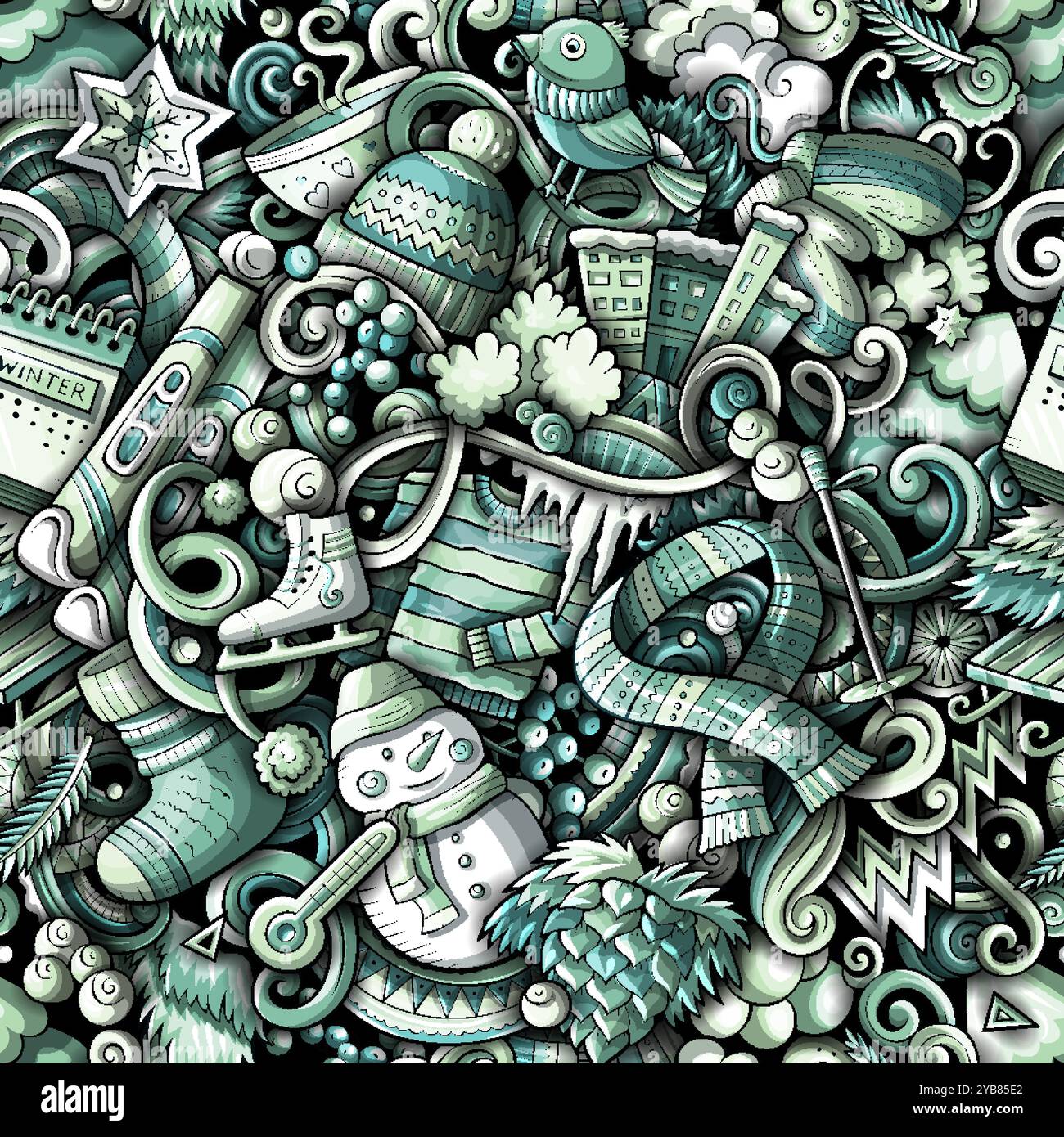 Cartoon cute doodles Winter season seamless pattern. Monochrome ...