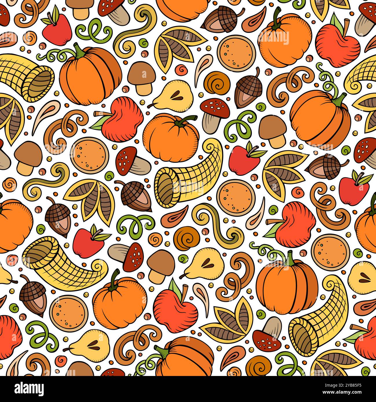 Cartoon cute hand drawn Thanksgiving seamless pattern. Colorful ...