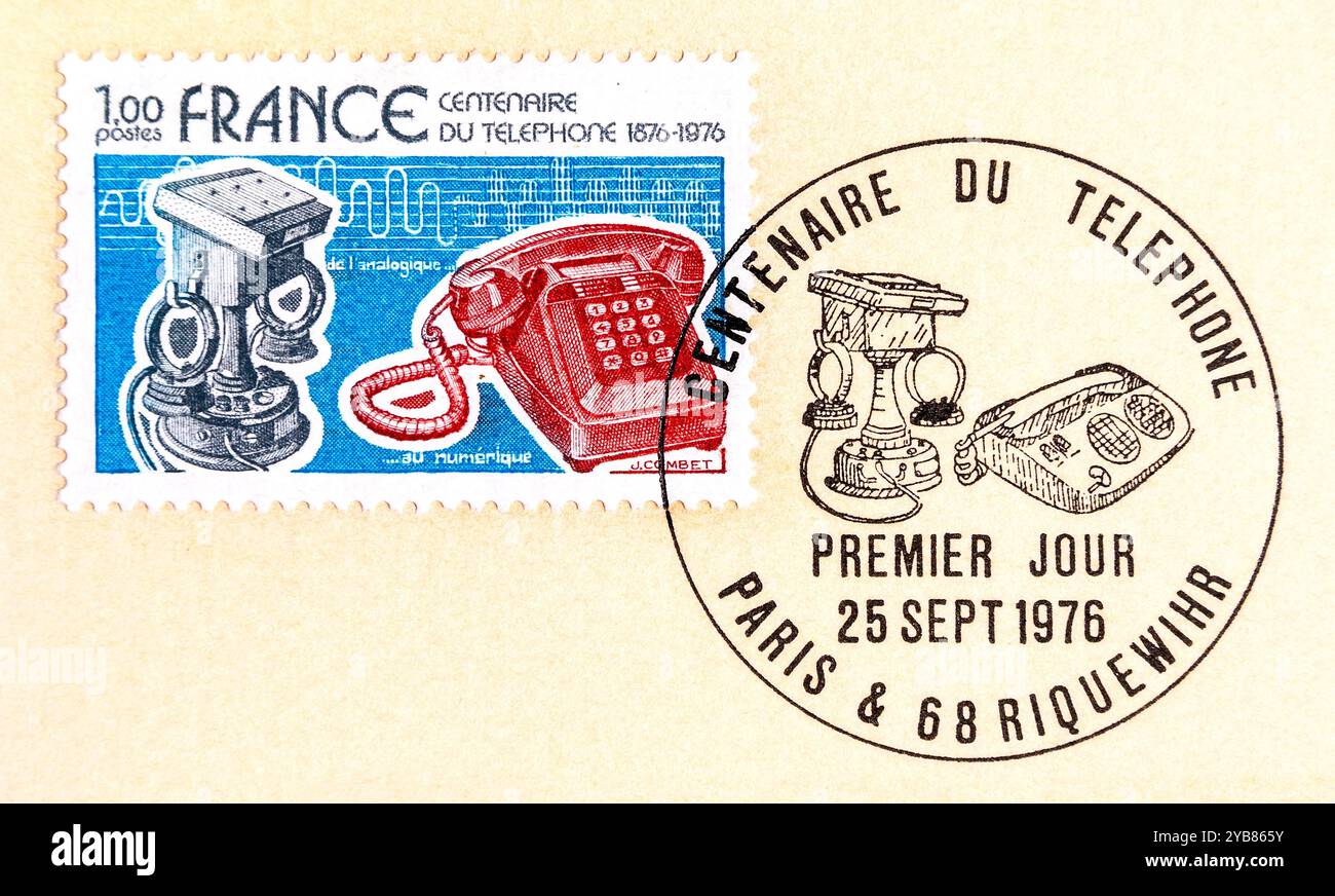 Postage stamp of France depicting the centenary of the telephone and ...
