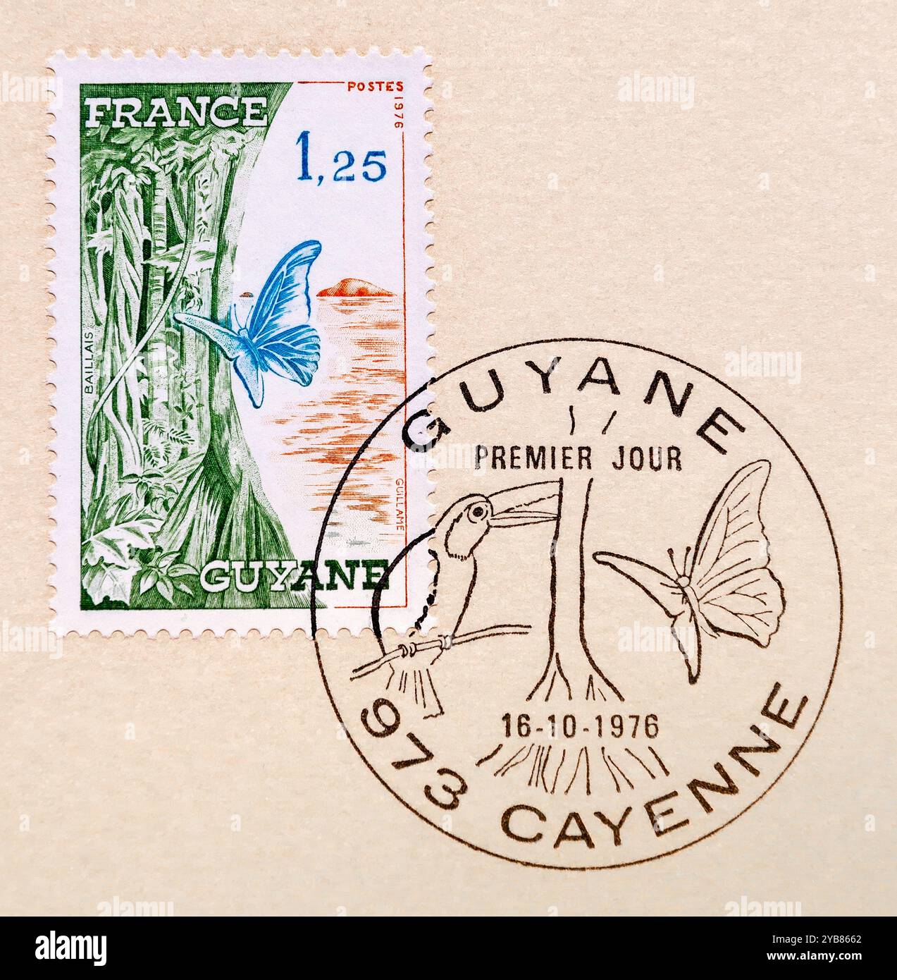 Postage stamp of France depicting a butterfly for Guyana and Cayenne ...