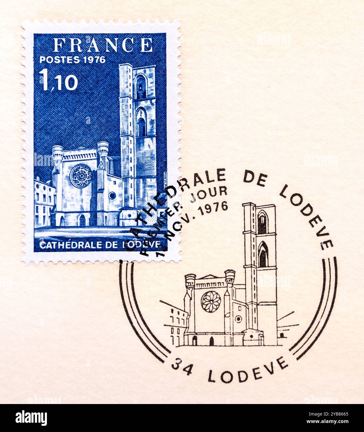 Postage stamp of France depicting the cathedral at Lodeve and cancelled ...