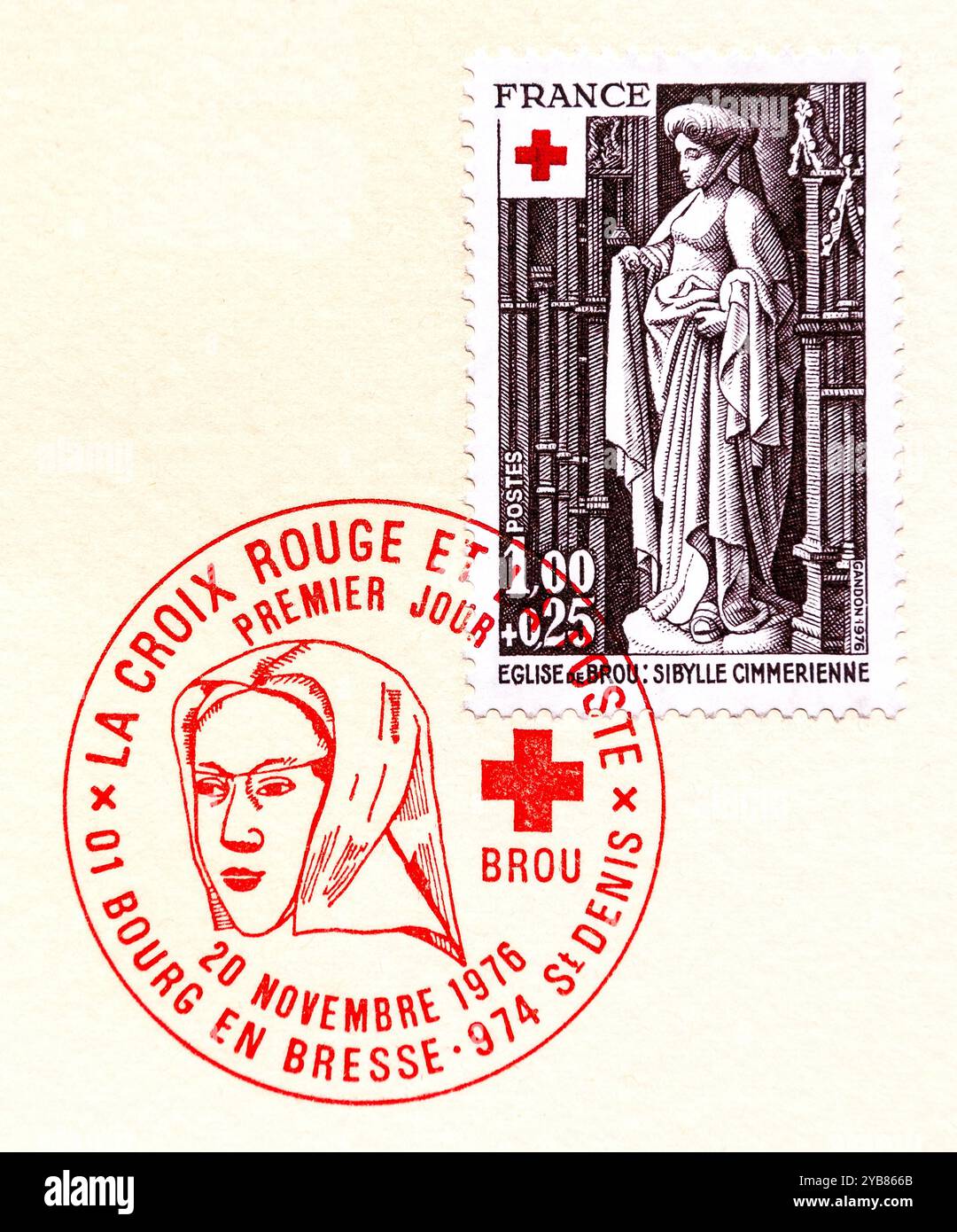 Postage stamp of France depicting a religious sculpture for the Croix ...