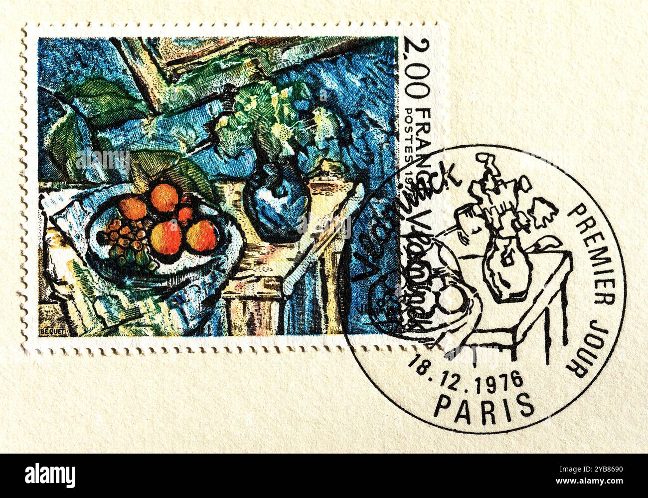 Postage stamp of France depicting a still-life painting by Vlaminck and ...