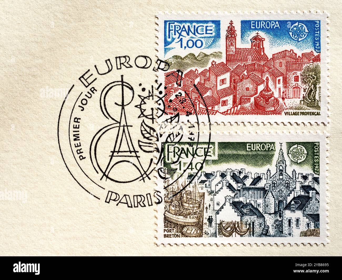 Two postage stamps of France depicting a "Village Provencal" and "Port ...