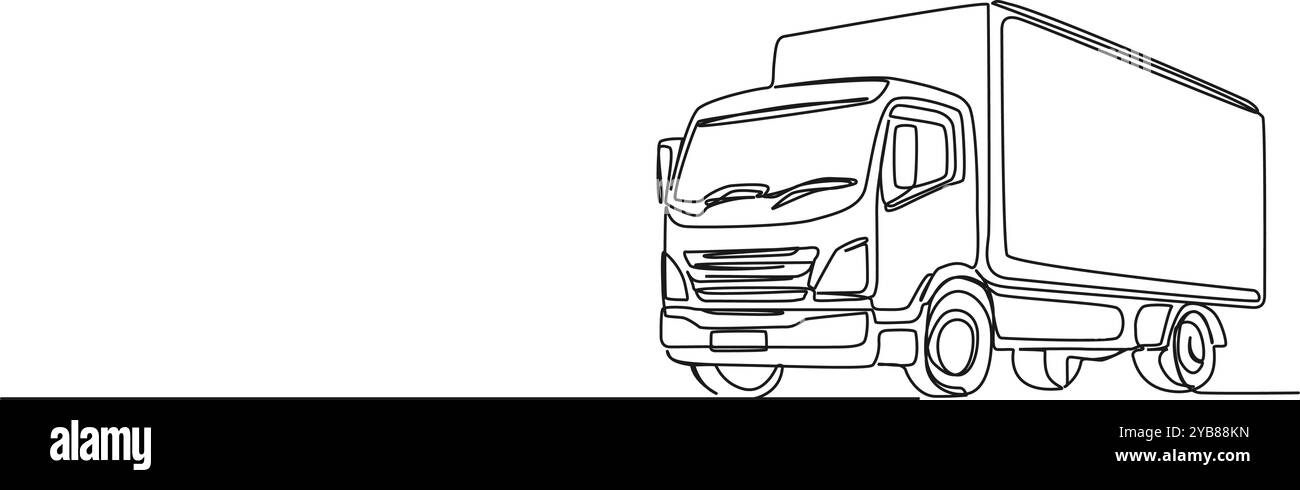 continuous single line drawing of medium sized truck, line art vector ...