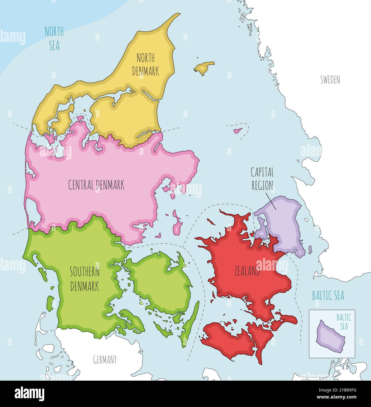 Vector illustrated map of Denmark with regions and administrative divisions, and neighbouring ...