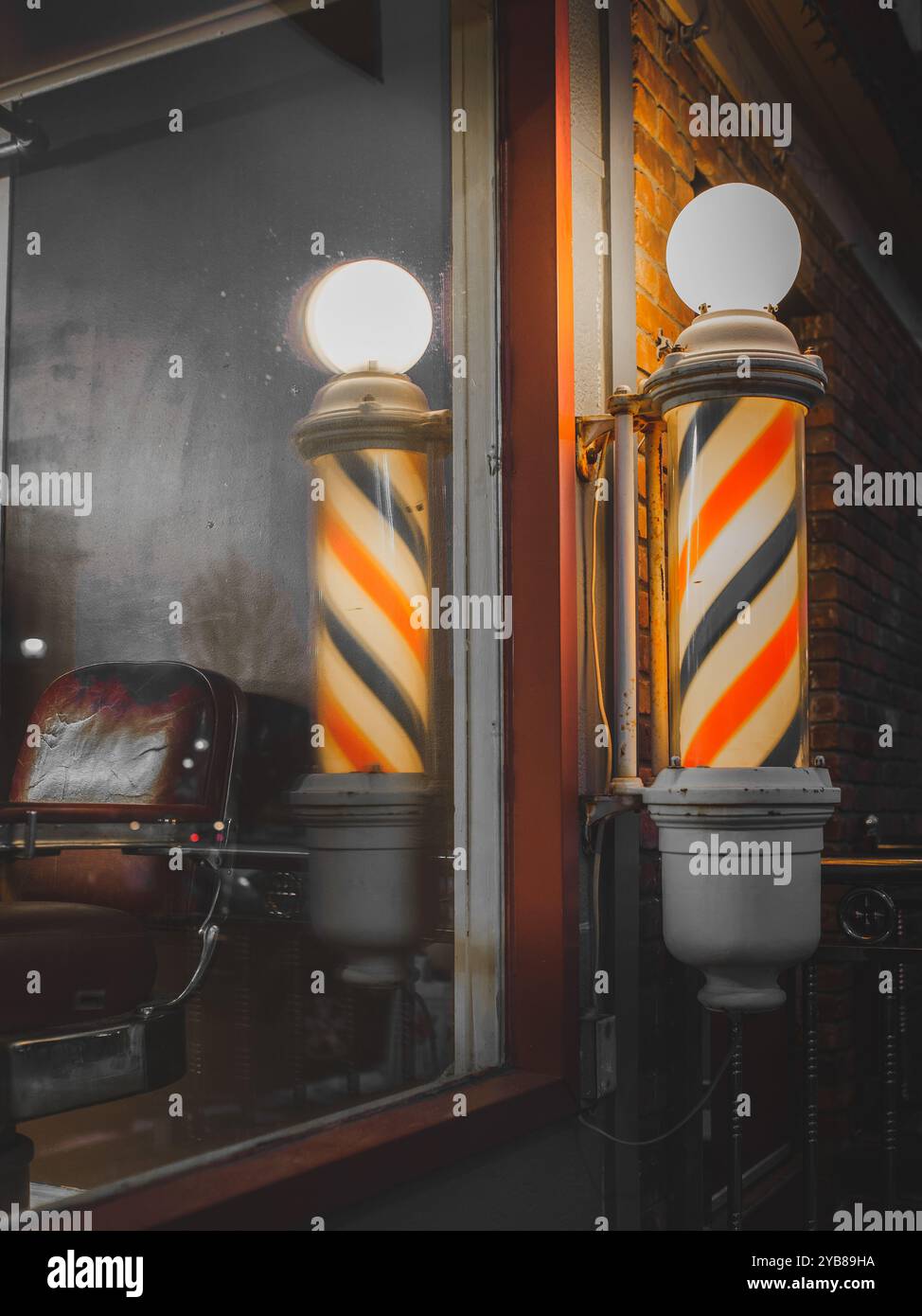 Barber Shop Pole Window Storefront and Antique Chair Stock Photo - Alamy