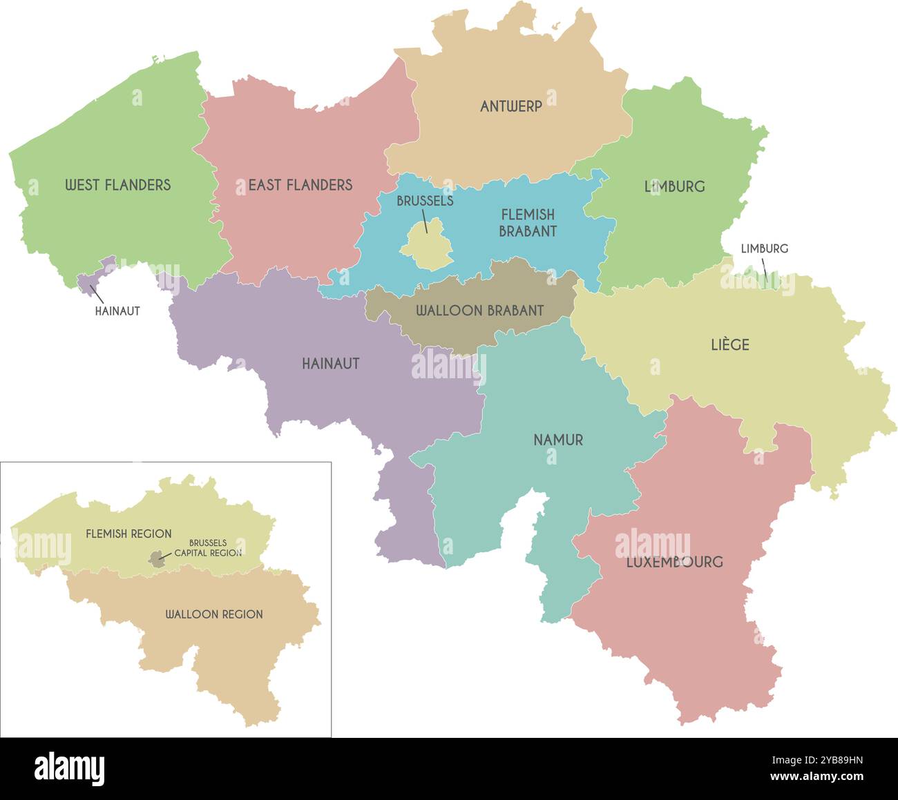 Vector map of Belgium with regions, provinces and administrative divisions. Editable and clearly ...