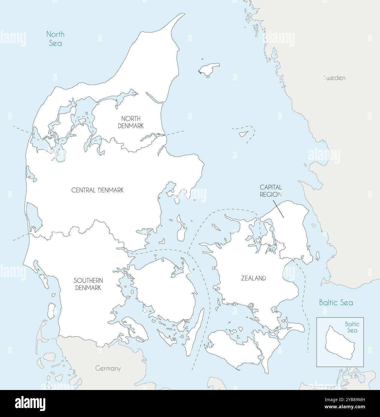 Vector map of Denmark with regions and administrative divisions, and neighbouring countries and ...