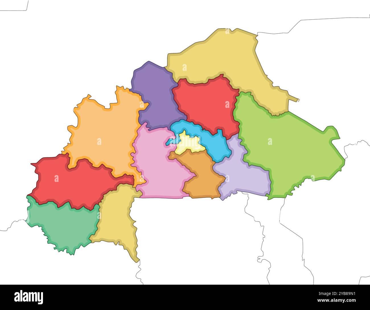 Vector illustrated blank map of Burkina Faso with regions and administrative divisions, and ...