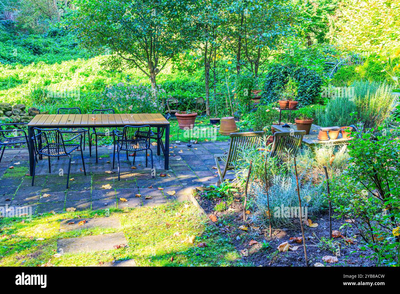 Slightly neglected backyard of country house with wooden table and ...