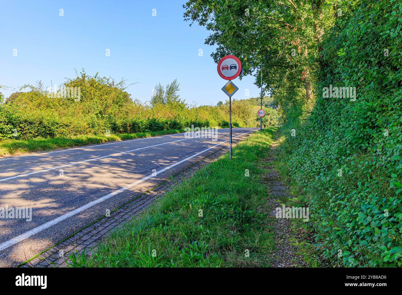 Empty provincial road with traffic signs: no-overtaking, priority road ...