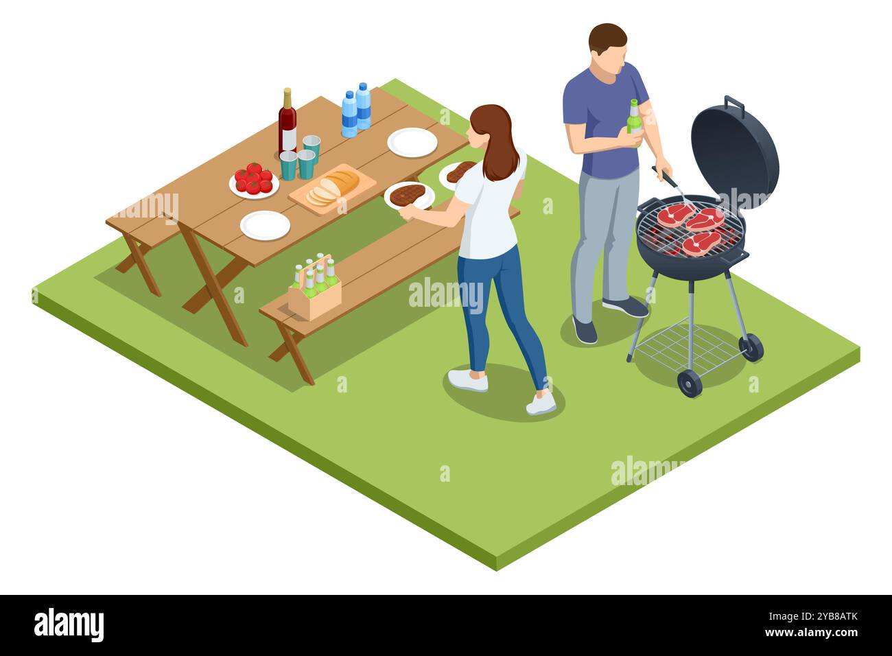 Isometric BBQ scene featuring a grill with various meats and vegetables ...