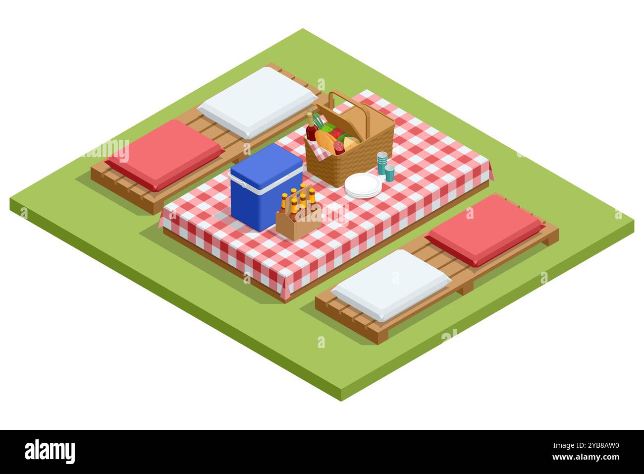 Isometric BBQ scene featuring a grill with various meats and vegetables ...