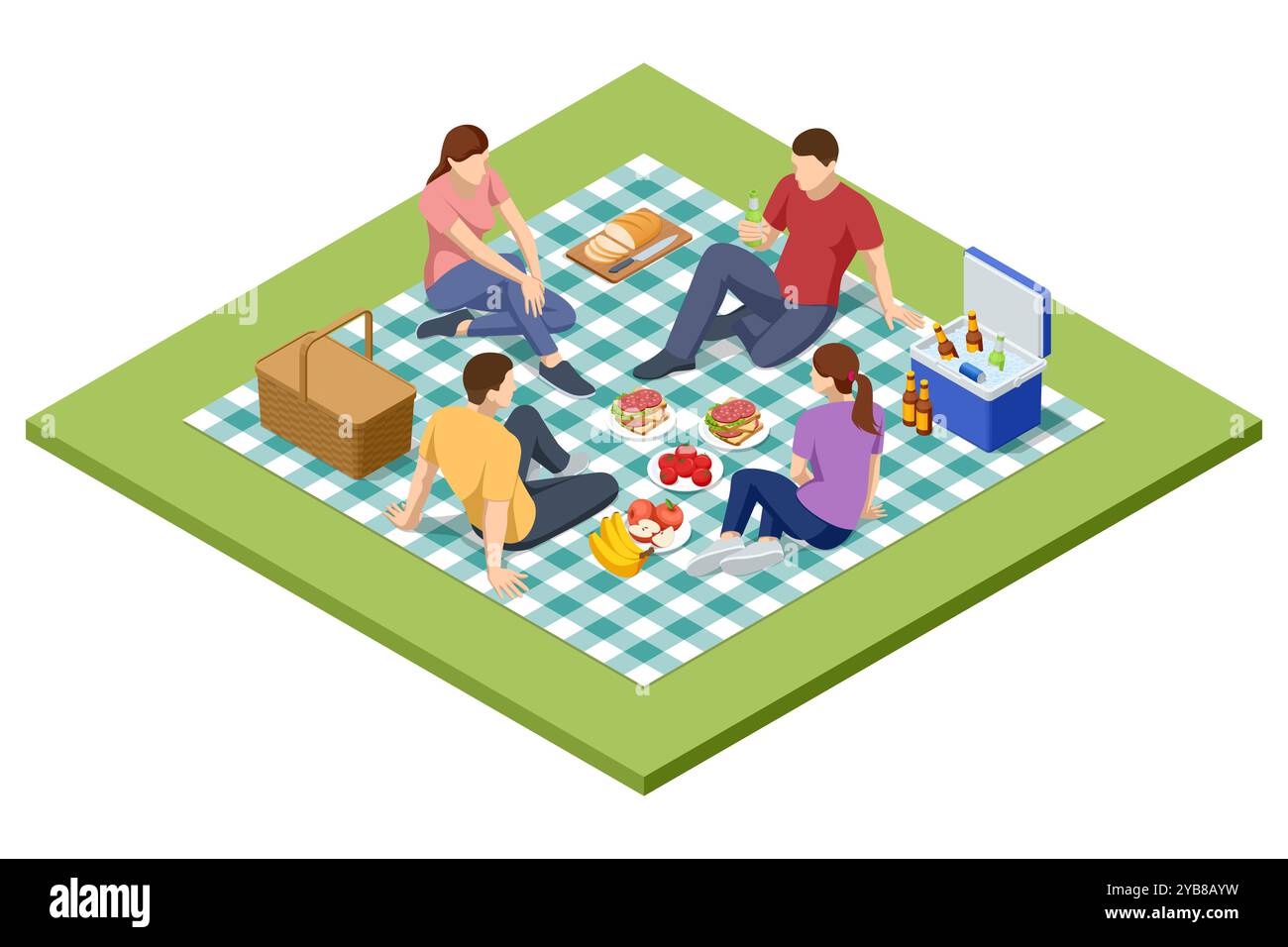Isometric BBQ scene featuring a grill with various meats and vegetables ...