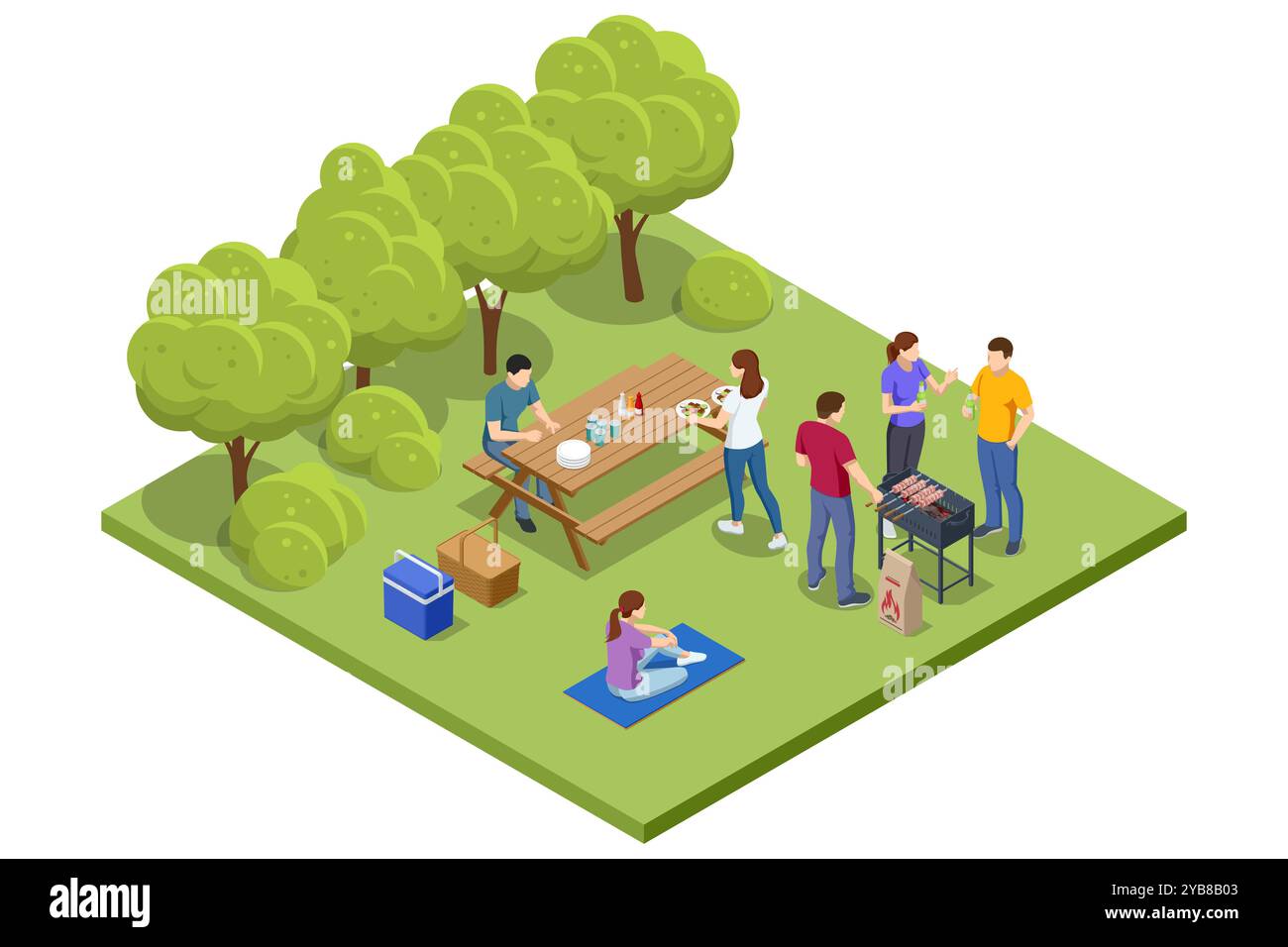 Isometric BBQ scene featuring a grill with various meats and vegetables ...