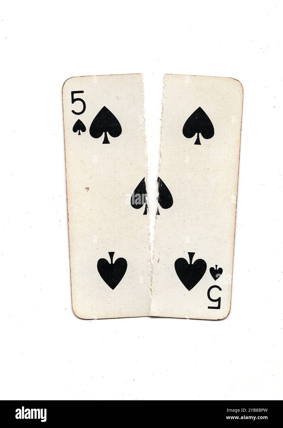A vintage playing card torn in half from top to bottom on a white ...