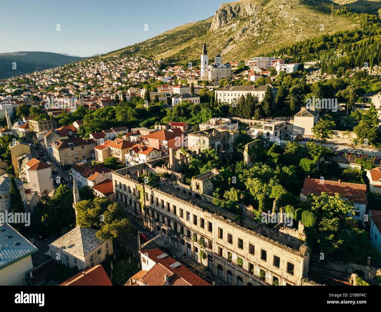aerial view of the historic town of Mostar with famous Old Bridge ...
