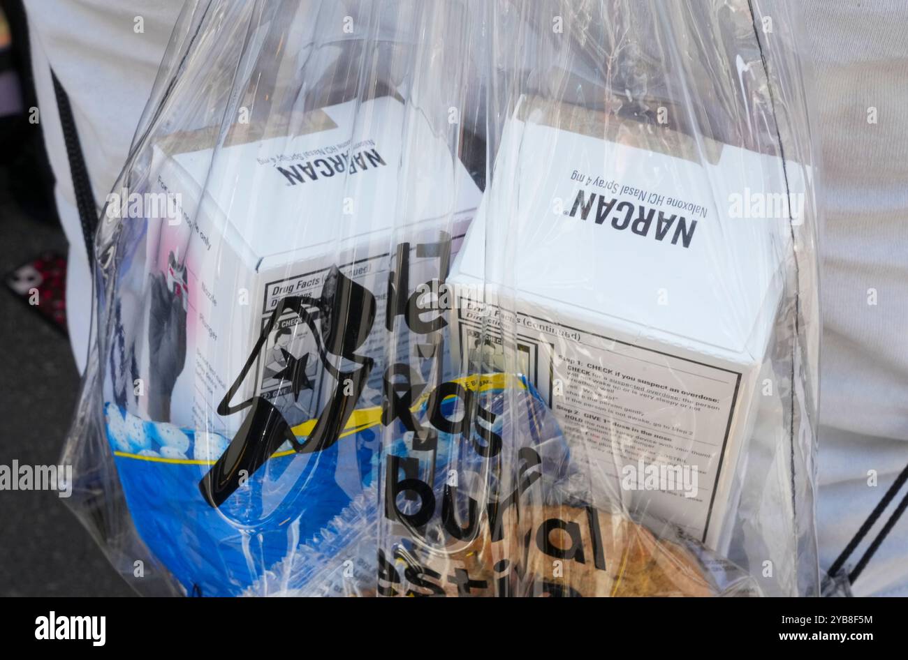 A clear backpack holding two packages of NARCAN (Naloxone HCl Nasal ...