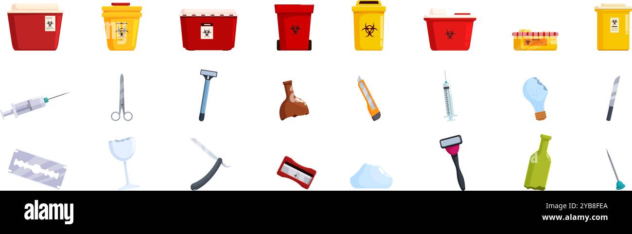 Sharps container icons set. Set of different objects and containers ...