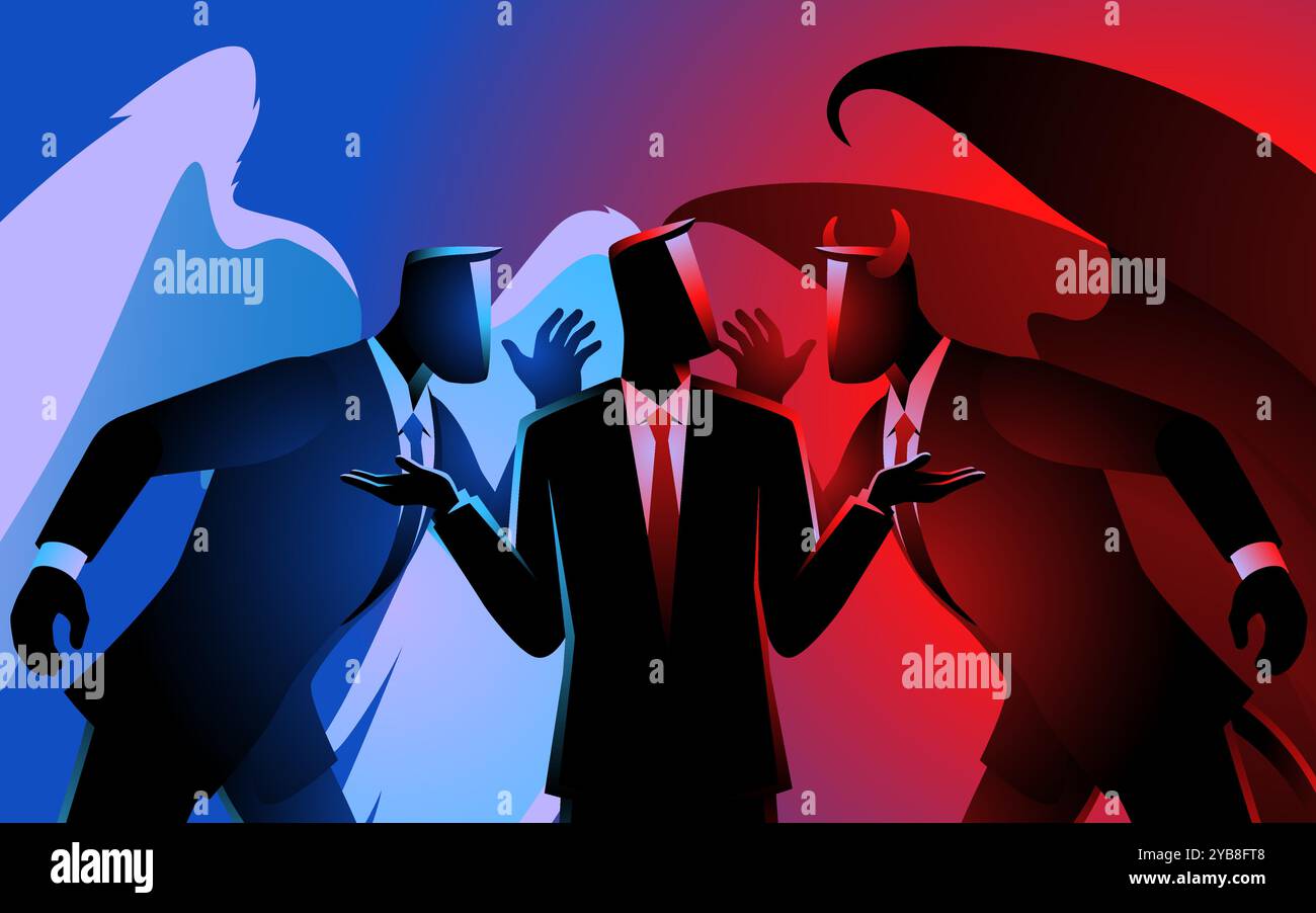 Businessman with an angel on his right and a devil on his left, both ...