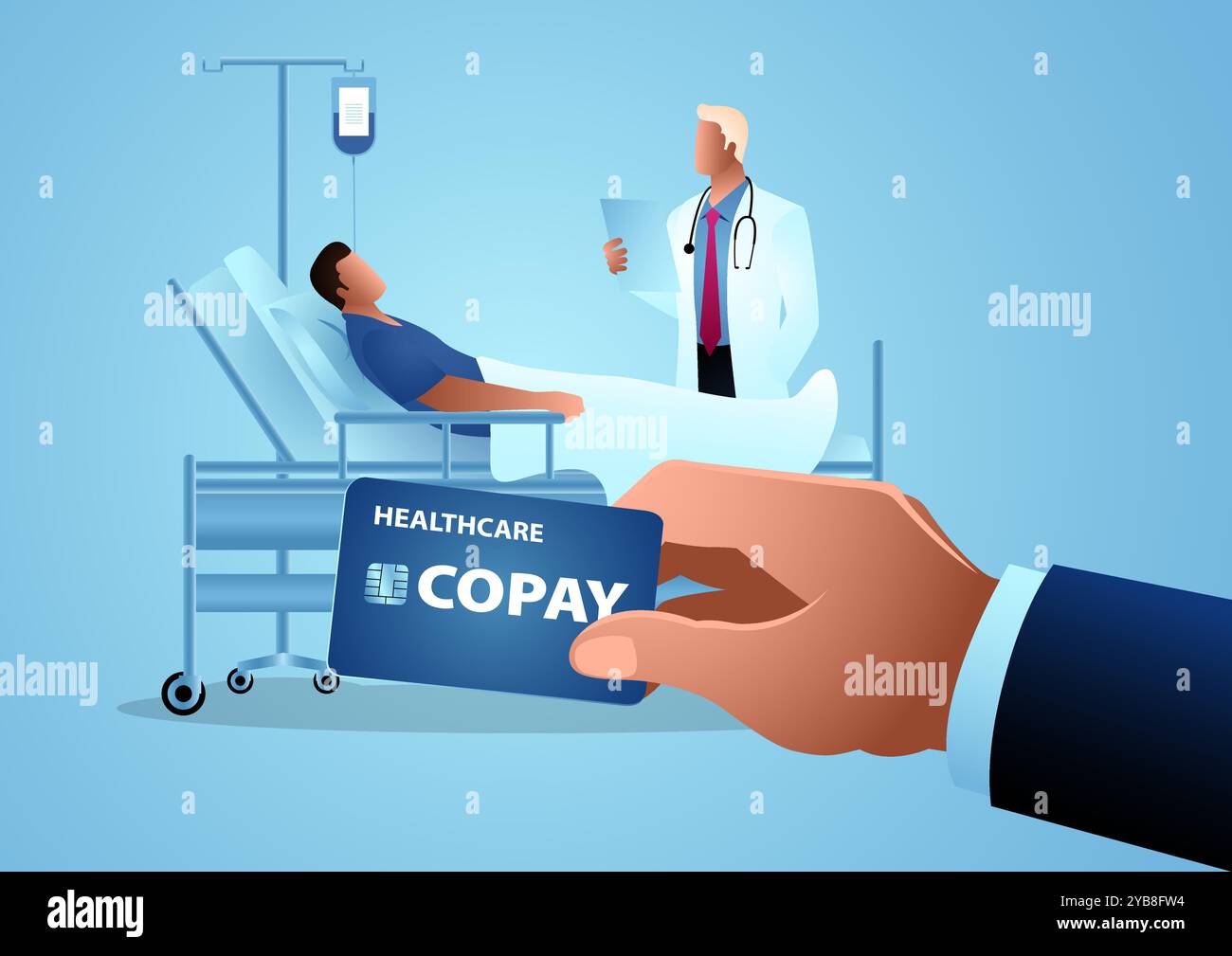Vector illustration of a doctor visiting a patient, with a hand holding ...