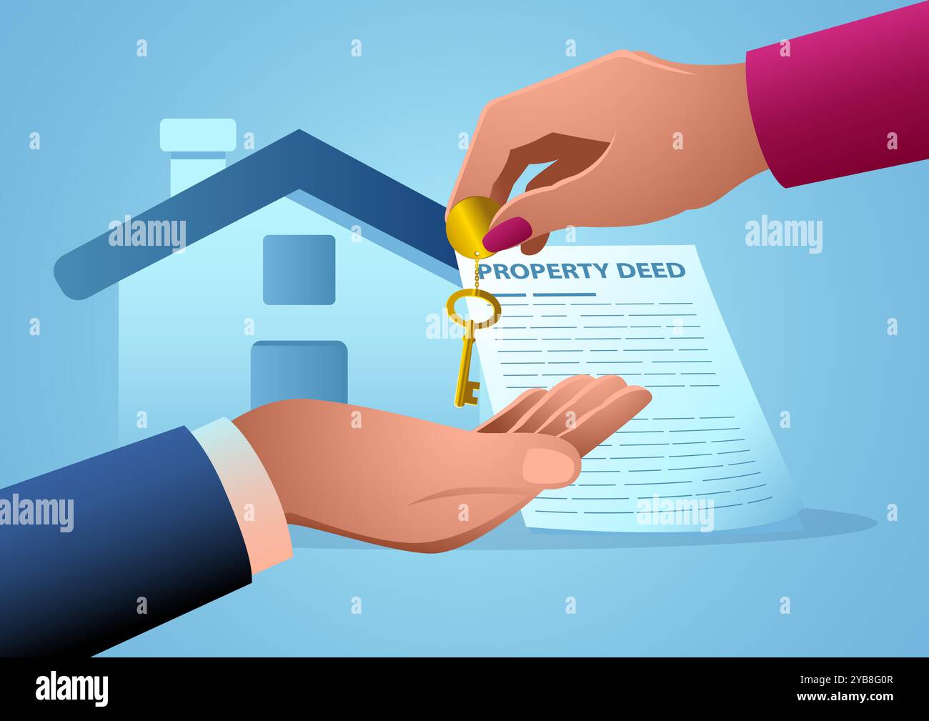 Hand giving a golden house key to another hand, with a house icon and ...