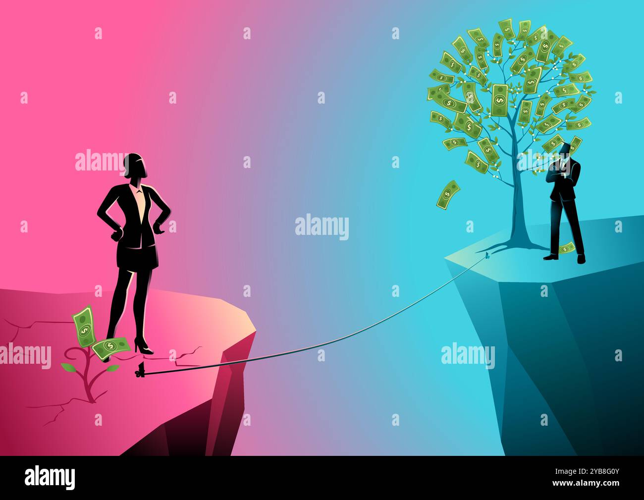 Businesswoman standing on a barren cliff with small money plants ...