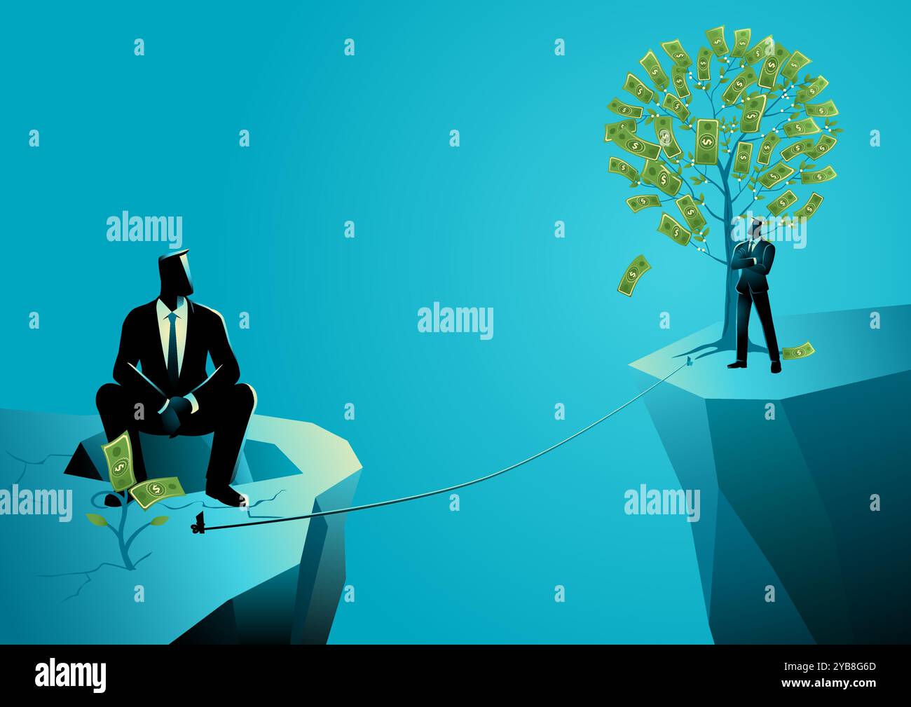 Businessman sitting on a barren cliff with small money plants, gazing ...