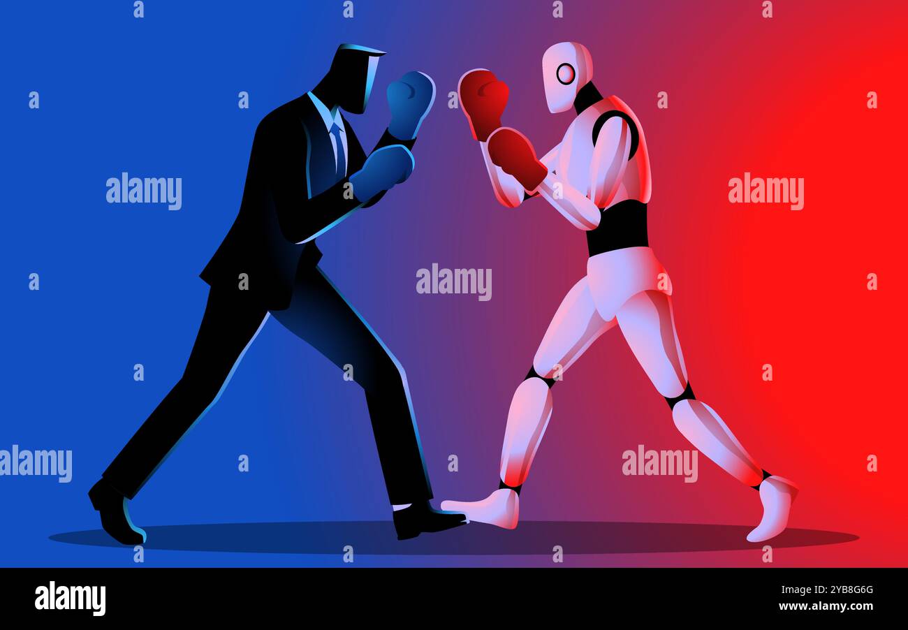 Businessmen facing off against a robot in a boxing match, captures the ...