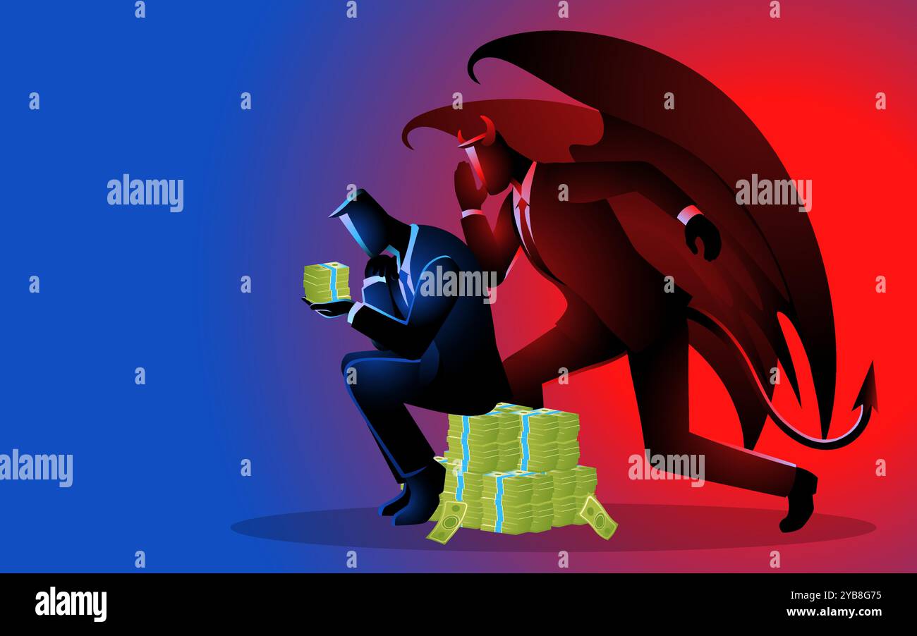 Businessman sitting on a pile of money, holding cash with a pensive ...