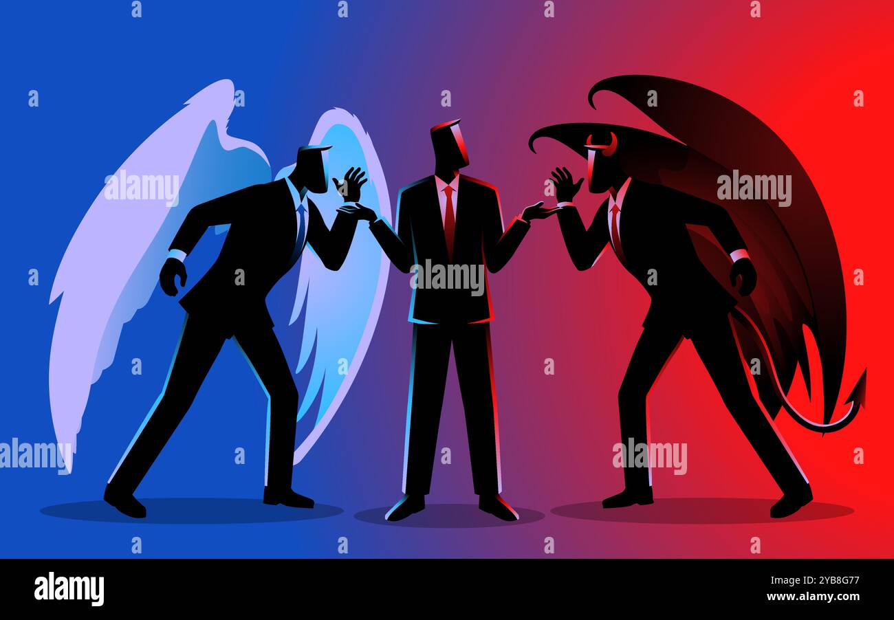 Businessman with an angel on his right and a devil on his left, both ...
