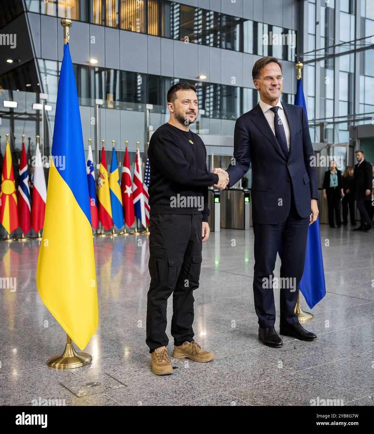 BRUSSELS - NATO Secretary General Mark Rutte with Ukrainian President Volodymyr Zelensky during ...